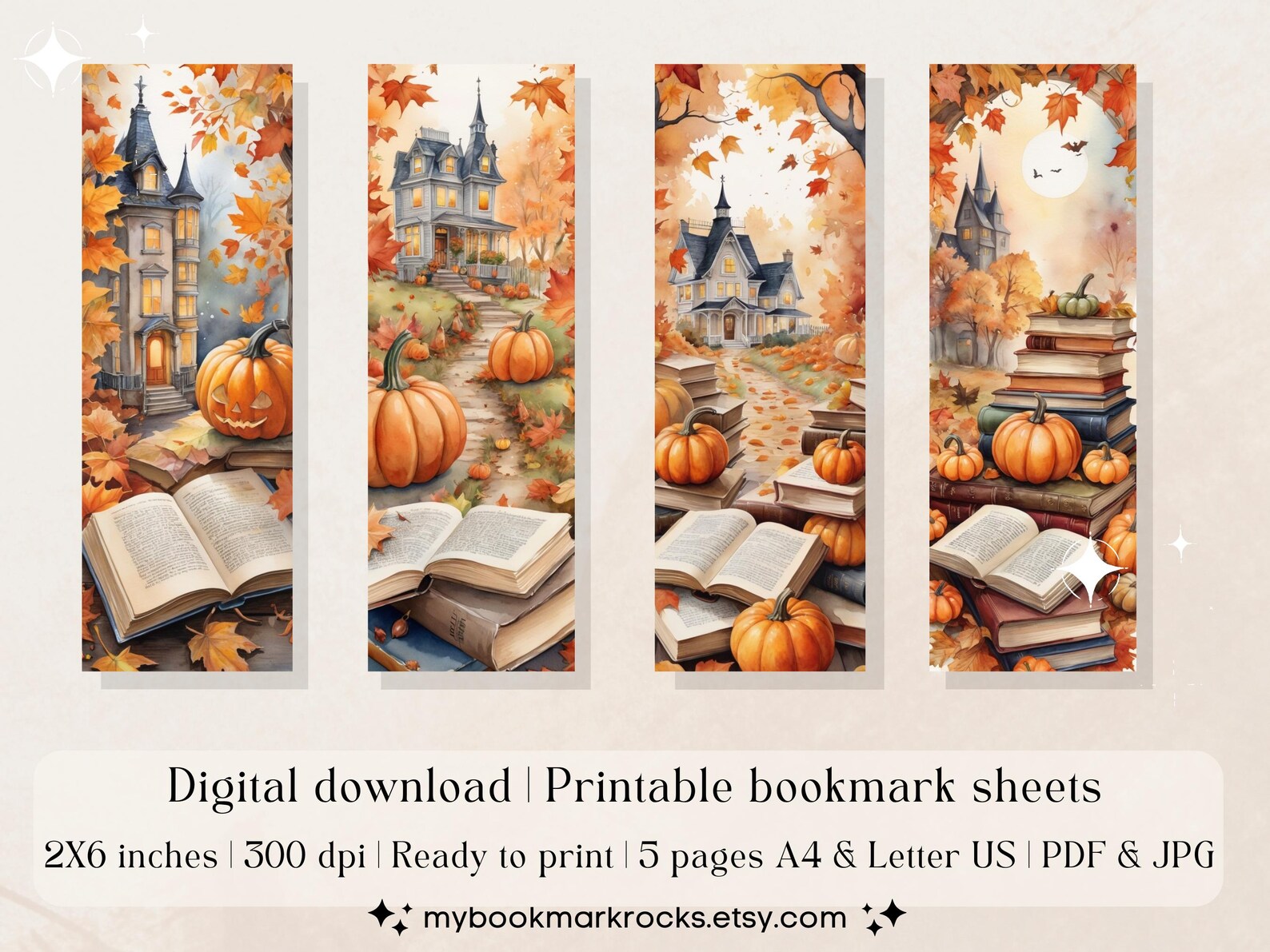 Set of 20 Watercolor "pumpkins & Books" Printable Bookmarks, Fall ...