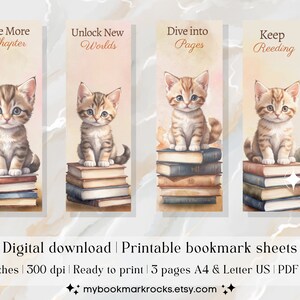 Set of 12 "kitten & Books" Printable Bookmarks, Cat Designs With ...