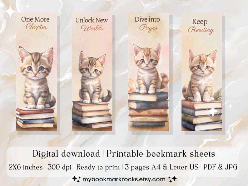 Set of 12 “kitten & Books” Printable Bookmarks | Digital Bookmarks ...