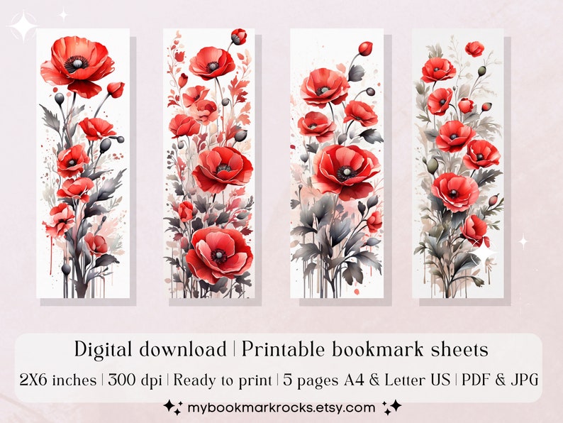 Set of 20 Watercolor "poppies" Printable Bookmarks, Floral Designs ...