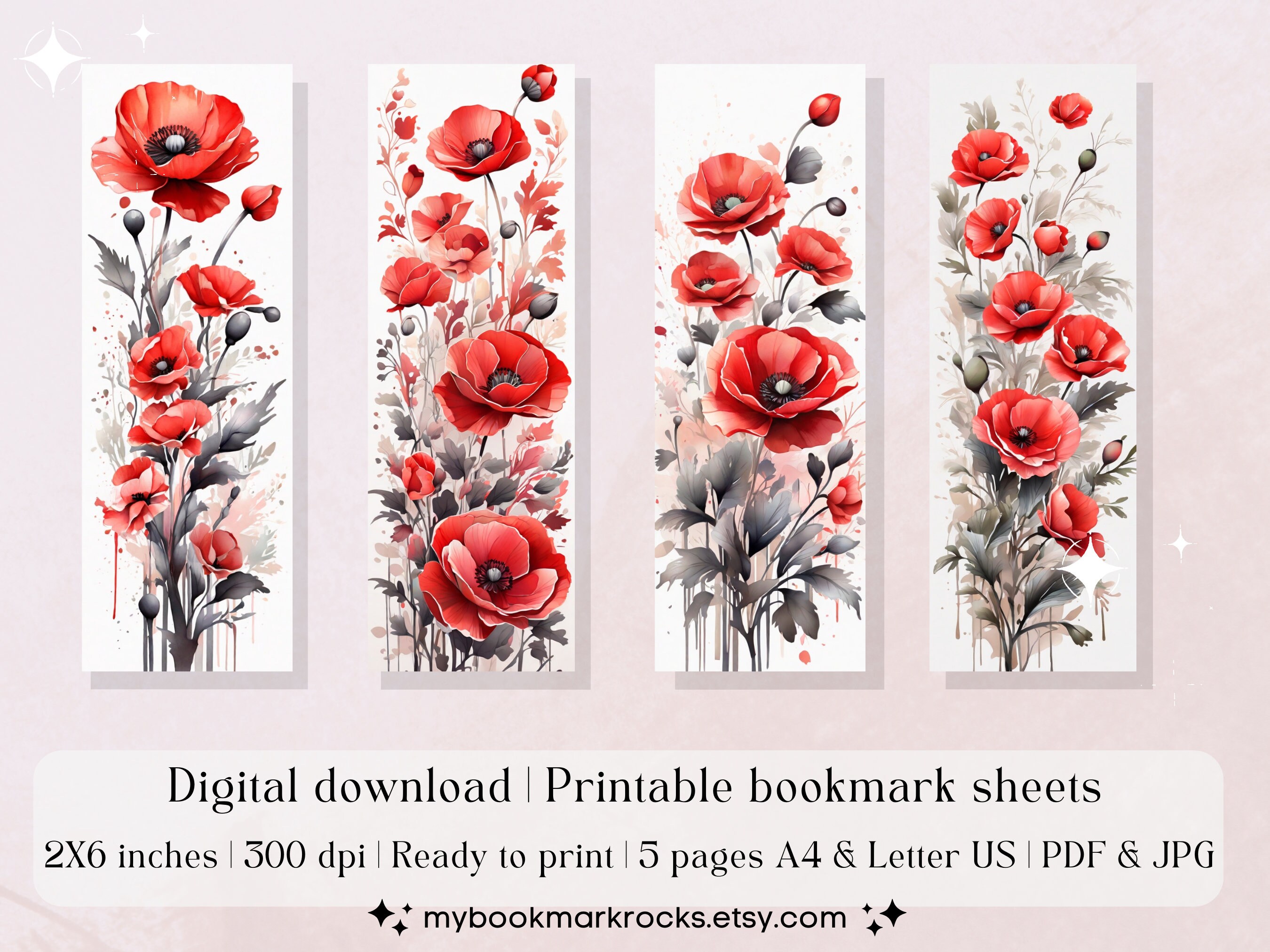Set of 20 Watercolor "poppies" Printable Bookmarks, Floral Designs ...