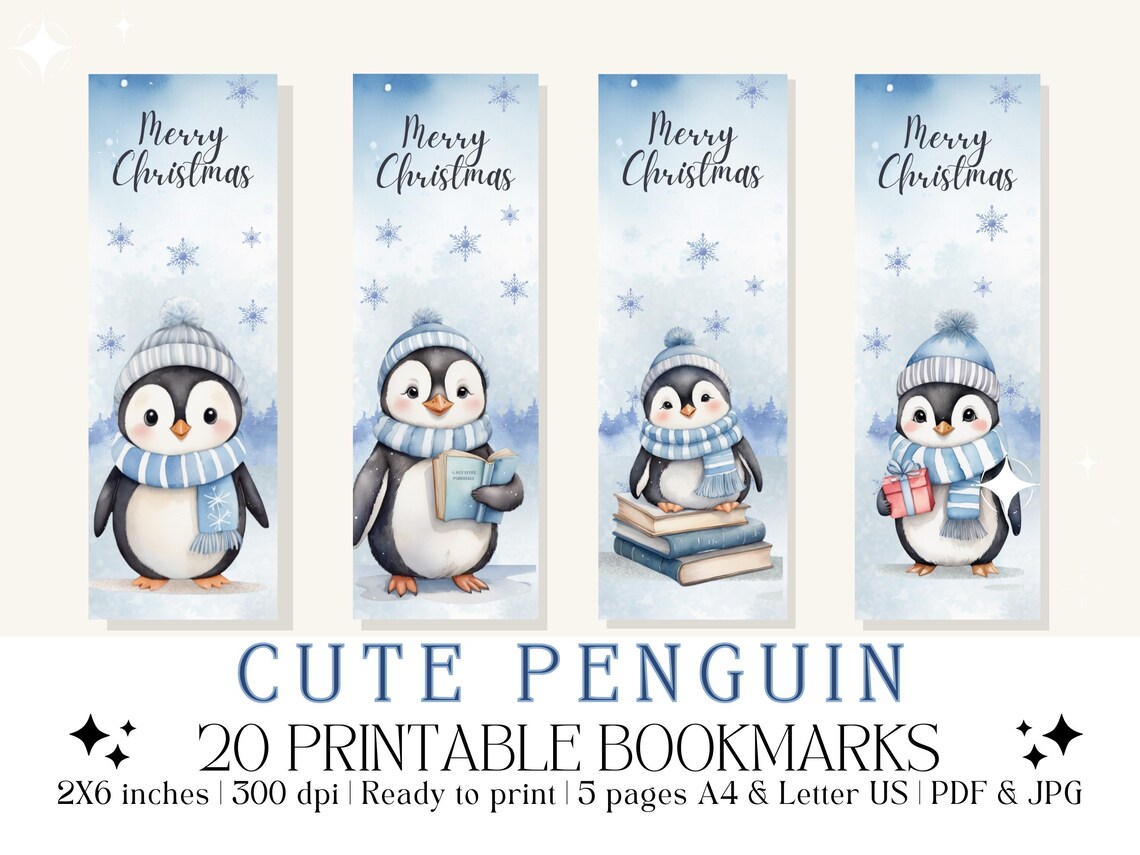 Set of 20 Watercolor "cute Penguin" Printable Bookmarks, Christmas ...