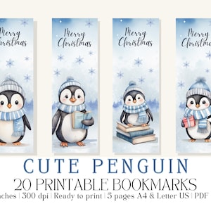 Set of 20 Watercolor "cute Penguin" Printable Bookmarks, Christmas ...