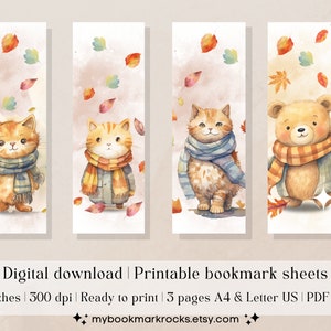 Set of 12 "cute Animals in Autumn" Printable Bookmarks, Fall Designs ...