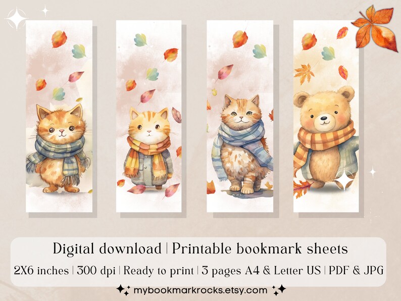 Set of 12 "cute Animals in Autumn" Printable Bookmarks, Fall Designs ...