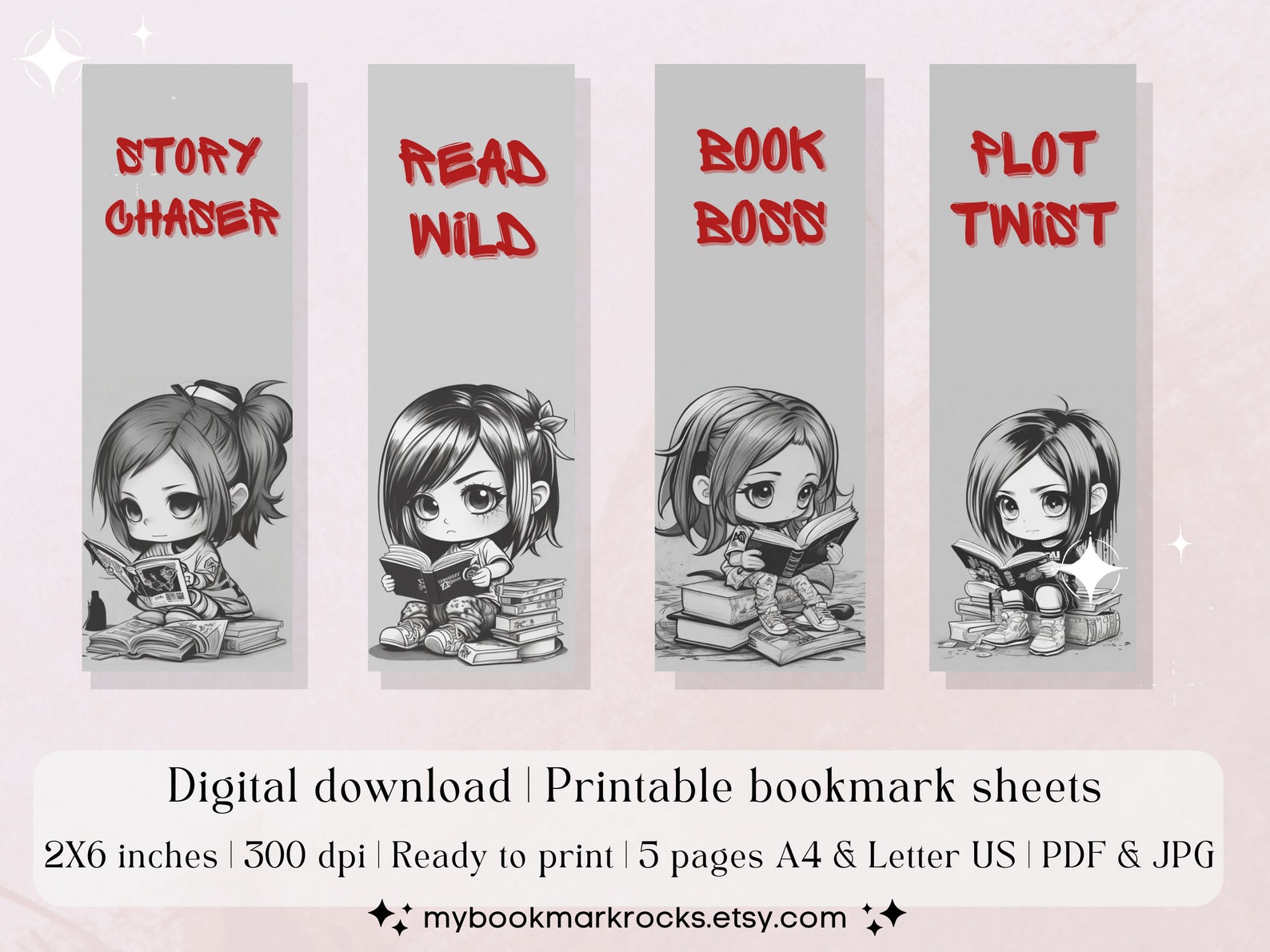 Set of 20 Kawaii "chibi Girl Reader" Printable Bookmarks, Kawaii Style ...
