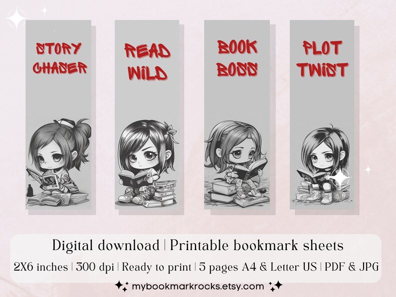 Set of 20 Kawaii "chibi Girl Reader" Printable Bookmarks, Kawaii Style ...