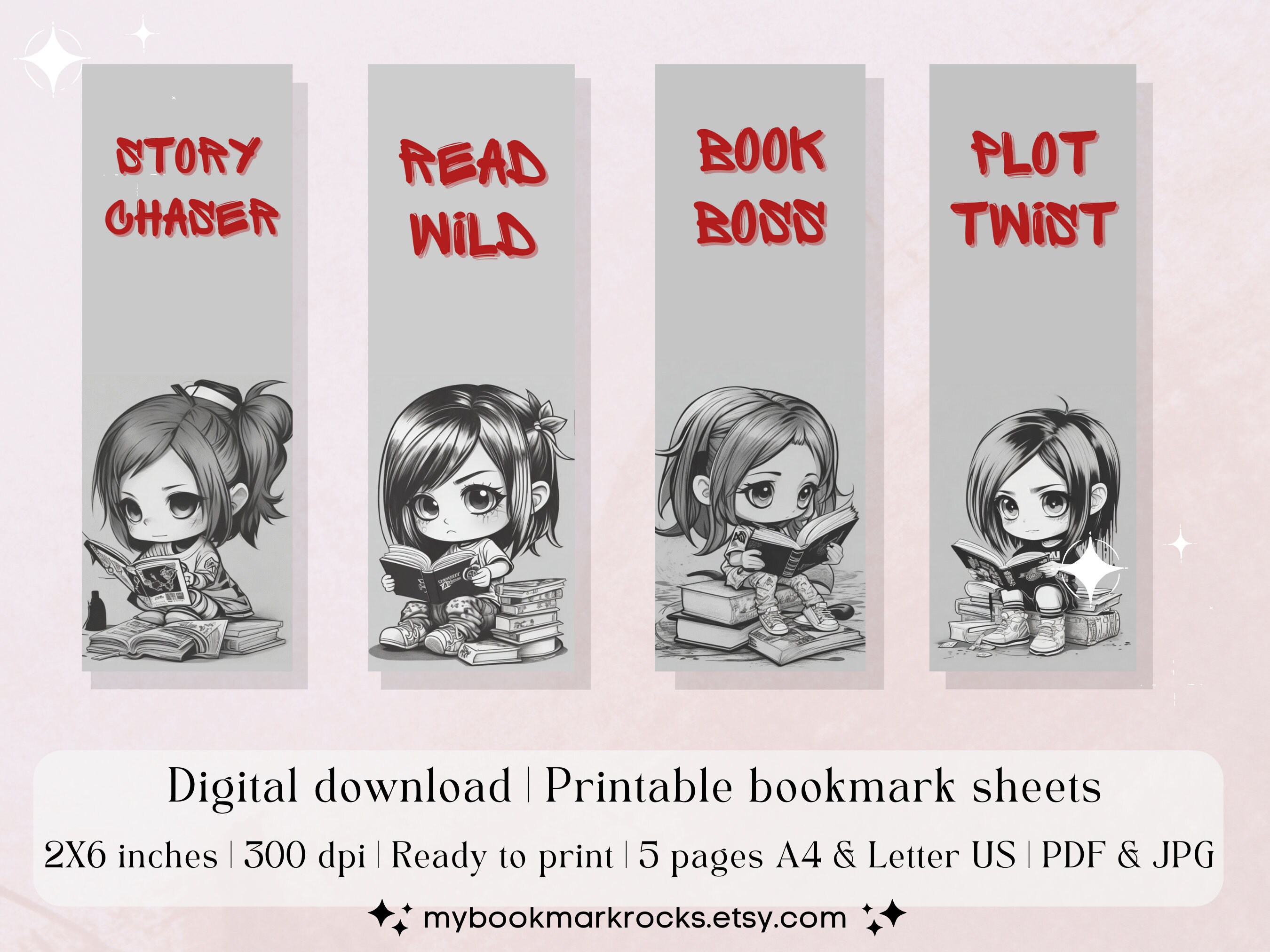 Set of 20 Kawaii "chibi Girl Reader" Printable Bookmarks, Kawaii Style ...