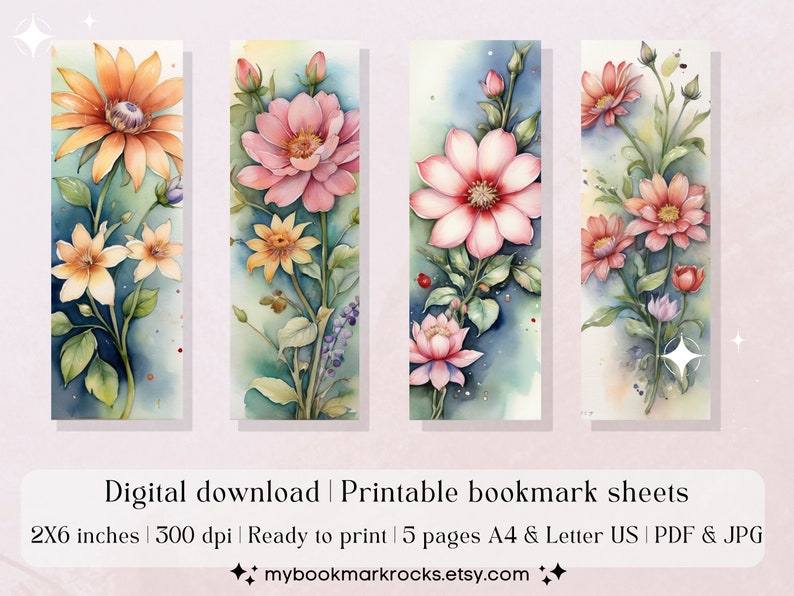 Set of 20 Watercolor 'flowers' Printable Bookmarks | High-quality PDF ...