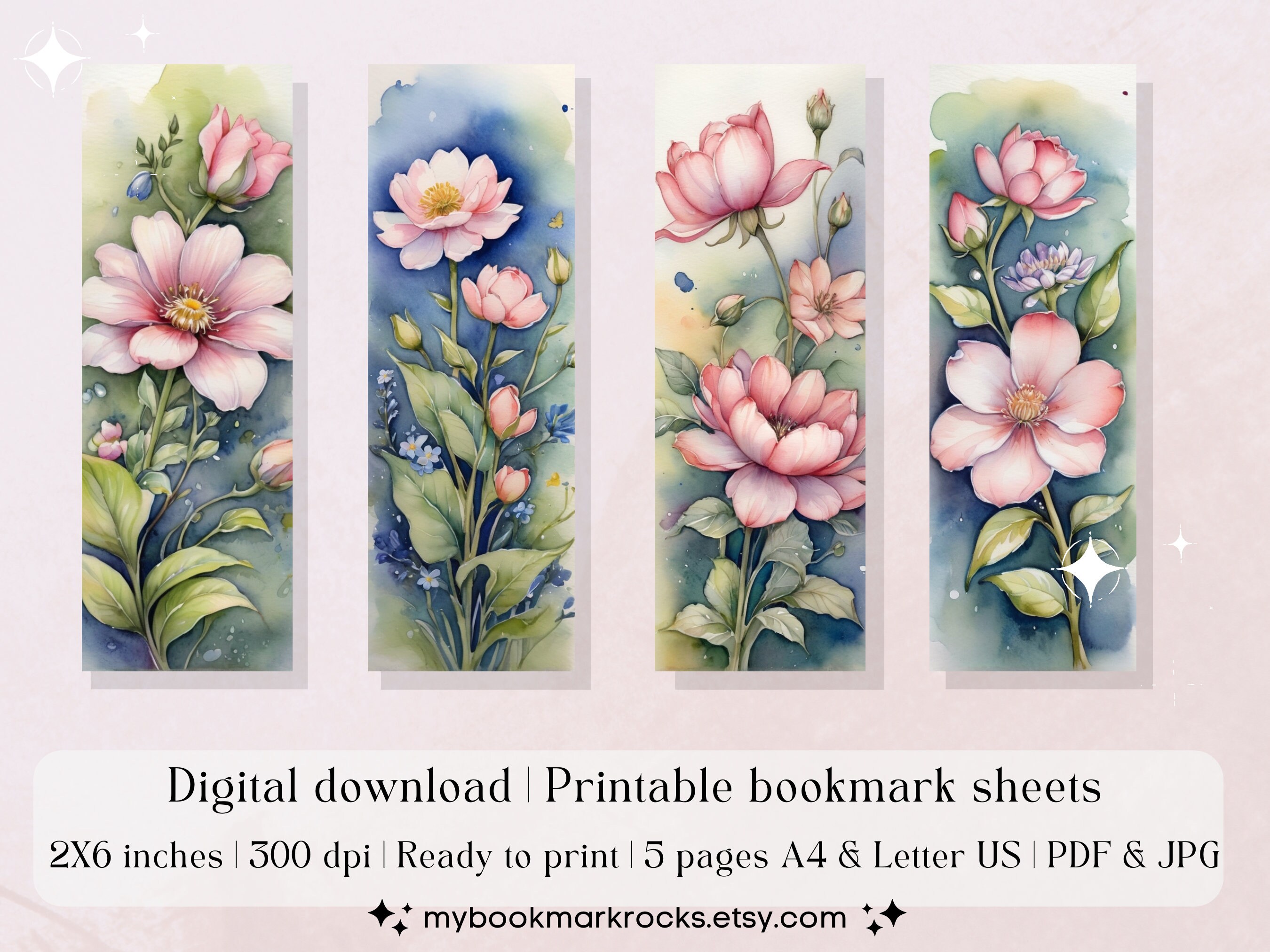 Set of 20 Watercolor 'flowers' Printable Bookmarks | High-quality PDF ...