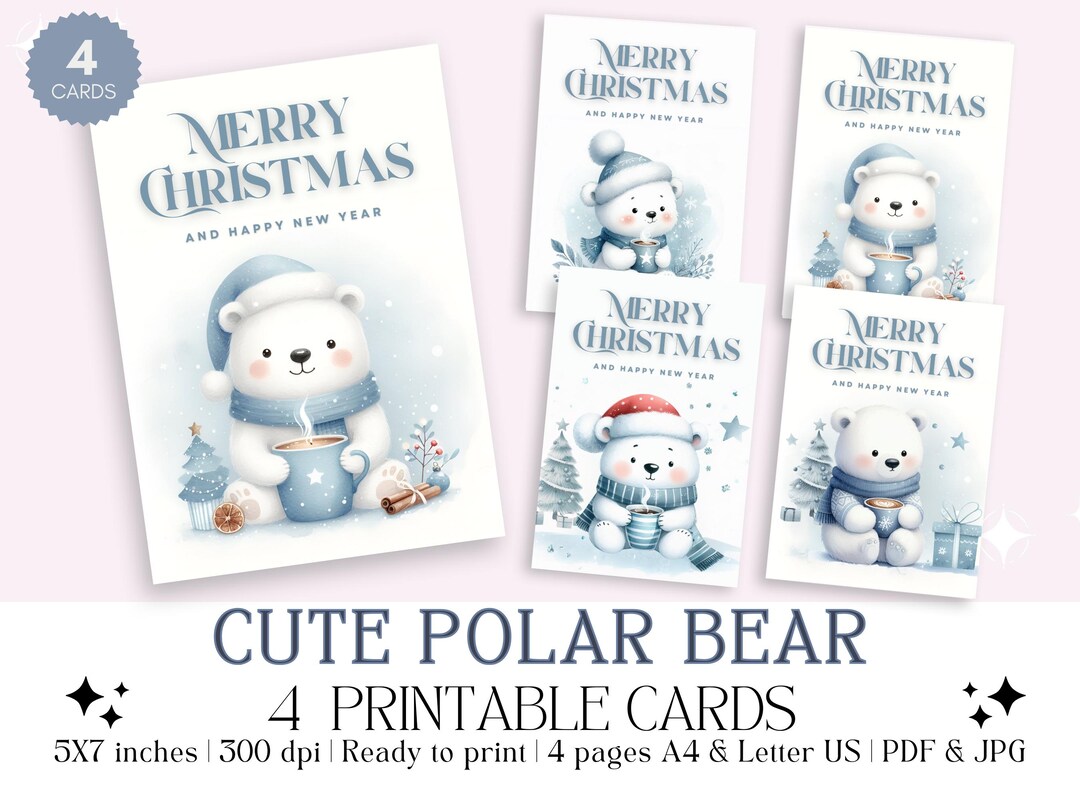 Set of 4 Watercolor "cute Polar Bear" Printable Cards, Christmas Cards ...