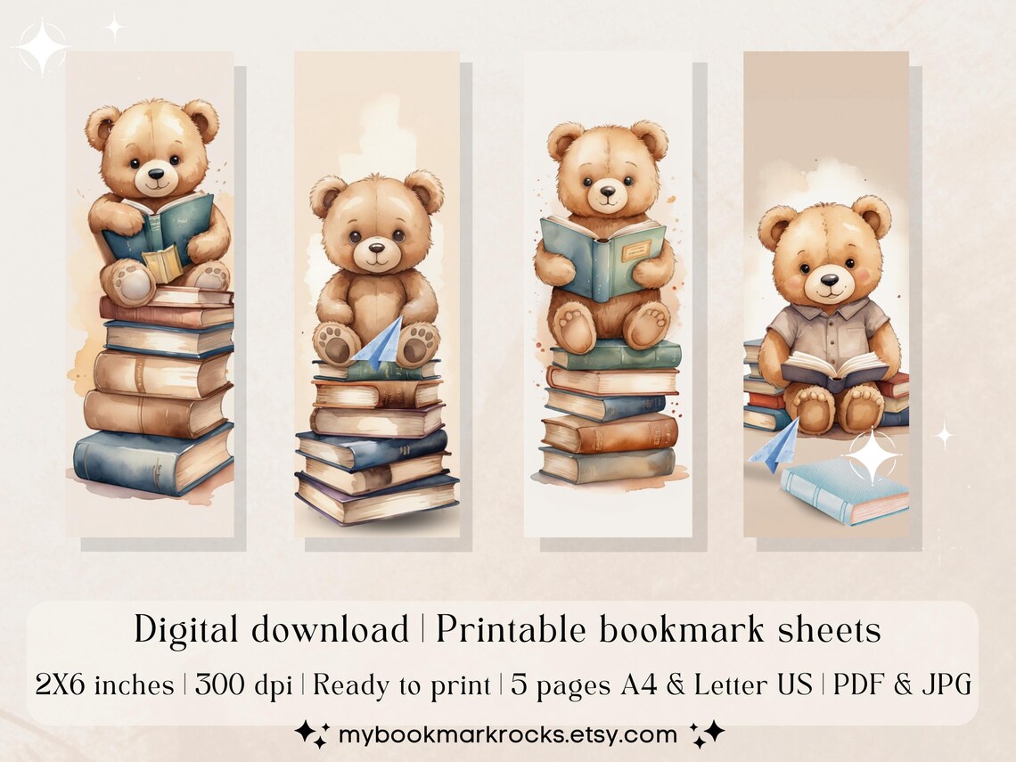 Set of 20 Watercolor "teddy Bear" Printable Bookmarks, Bookmarks for ...