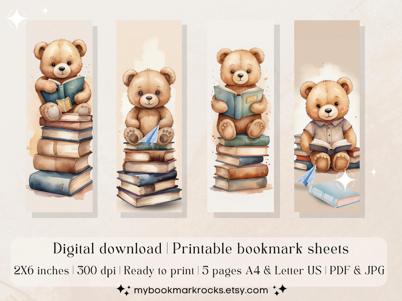 Set of 20 Watercolor "teddy Bear” Printable Bookmarks, High-quality PDF ...