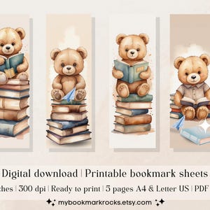 Set of 20 Watercolor "teddy Bear" Printable Bookmarks, Bookmarks for ...