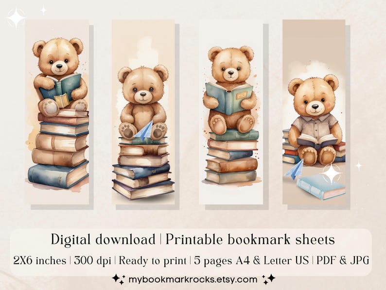 Set of 20 Watercolor "teddy Bear” Printable Bookmarks, High-quality PDF ...