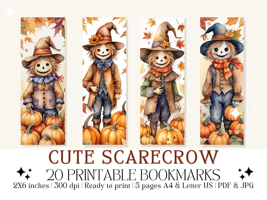 Set of 20 Watercolor "cute Scarecrow" Printable Bookmarks, High-quality ...