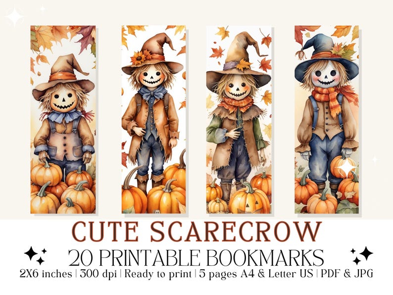 Set of 20 Watercolor "cute Scarecrow" Printable Bookmarks, Fall ...