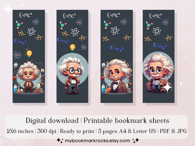 Set of 20 "albert Einstein" Printable Bookmarks, Cartoon Style, Physics ...