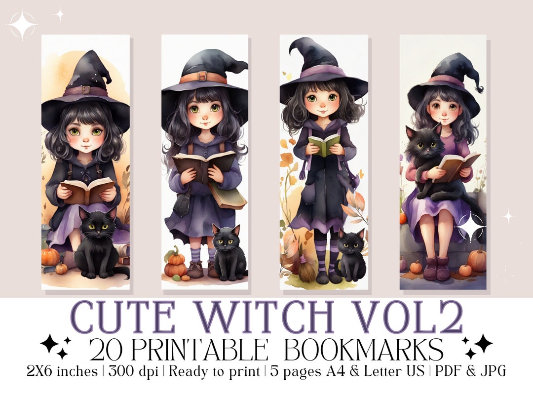 Set of 20 Watercolor "cute Witch Vol2" Printable Bookmarks, Halloween ...