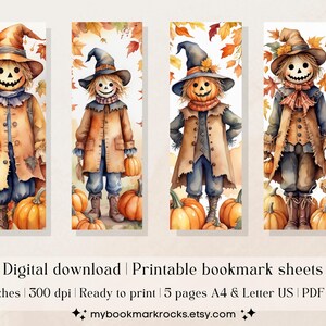 Set of 20 Watercolor "cute Scarecrow" Printable Bookmarks, Fall ...