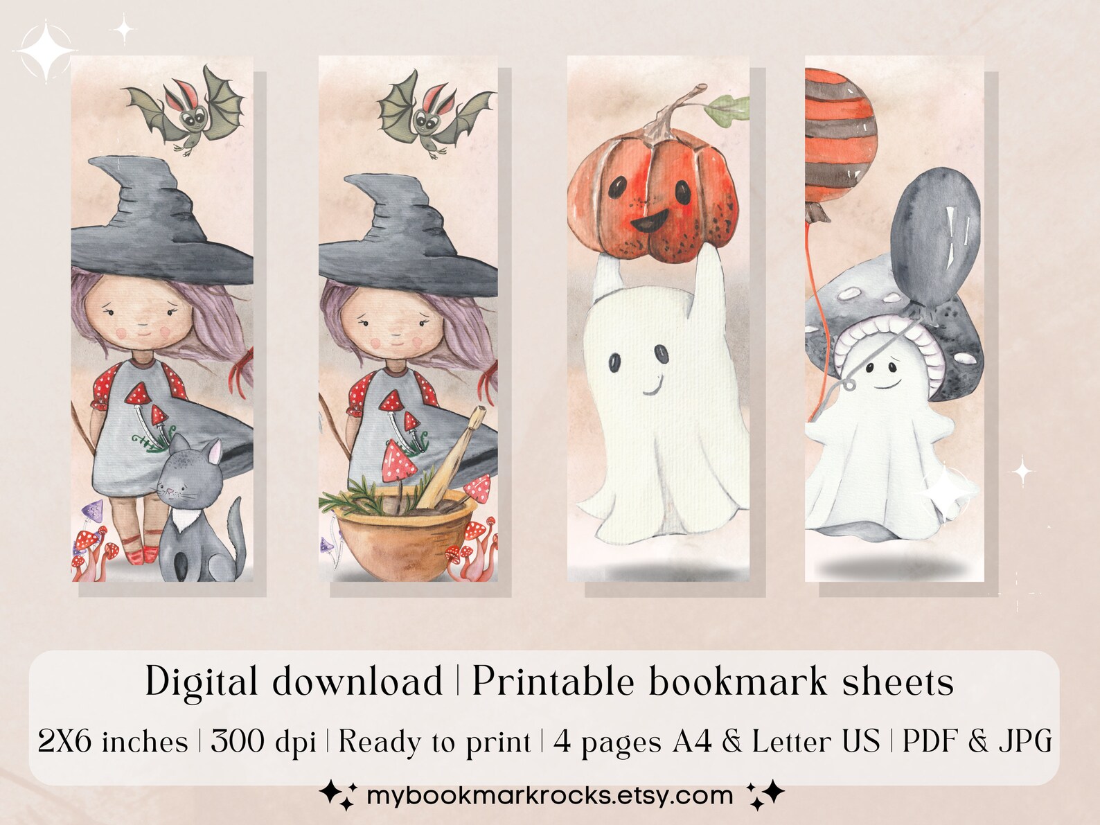 Set of 16 halloween Printable Bookmarks, Reading Bookmarks, Watercolor ...
