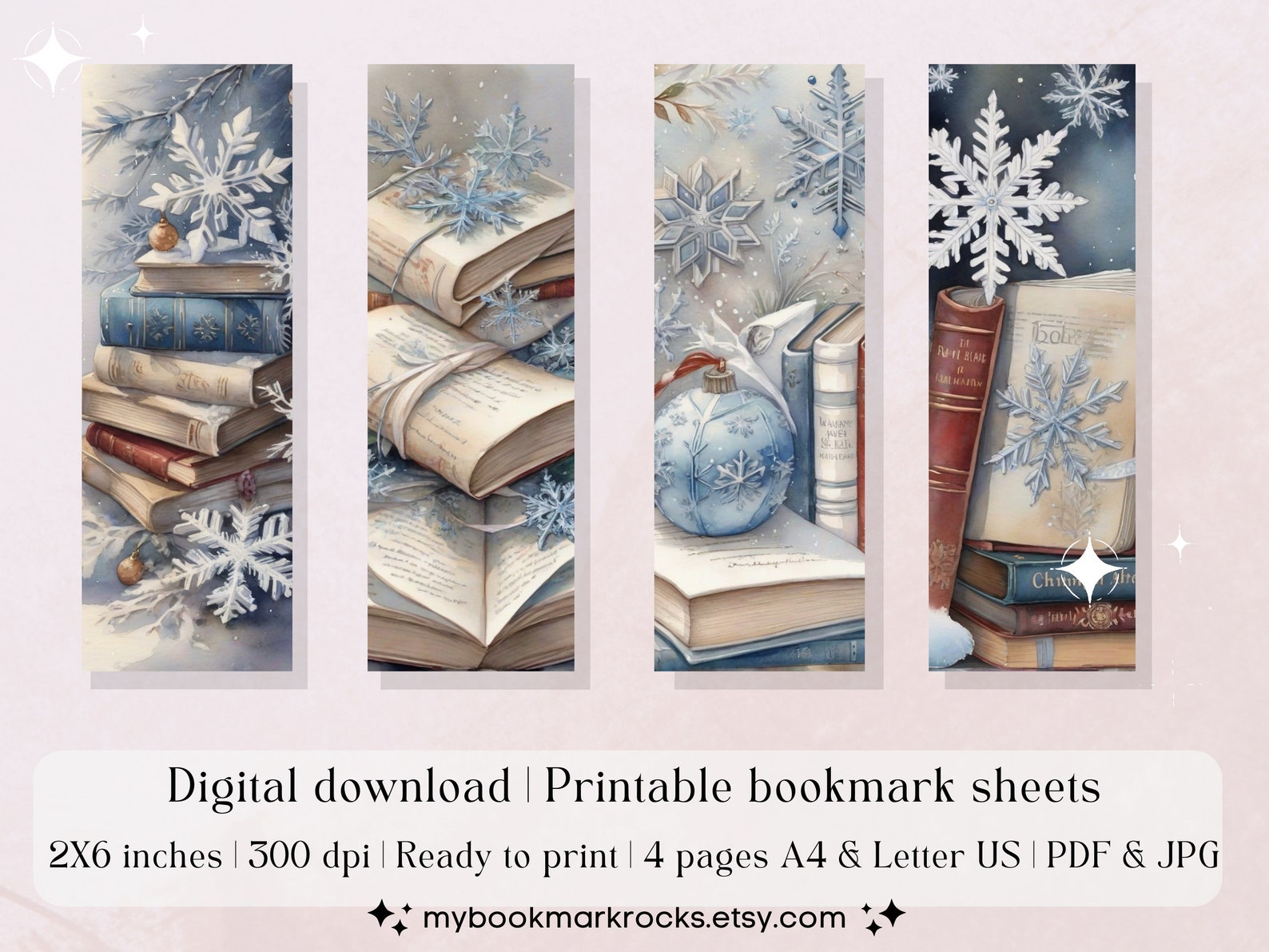 Set of 16 snowflakes Printable Bookmarks, Watercolor Digital Bookmarks ...