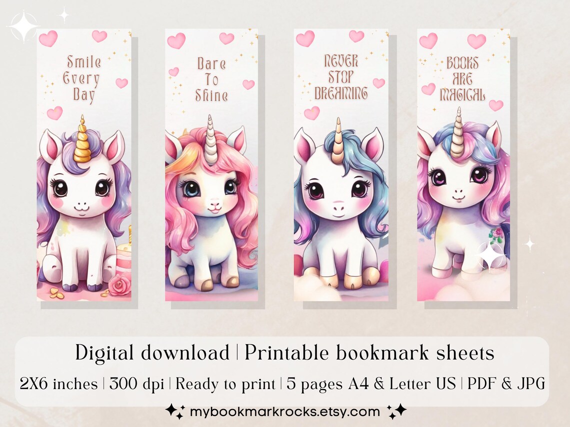Set of 20 Kawaii "lovely Unicorns" Printable Bookmarks, Quote Bookmarks ...