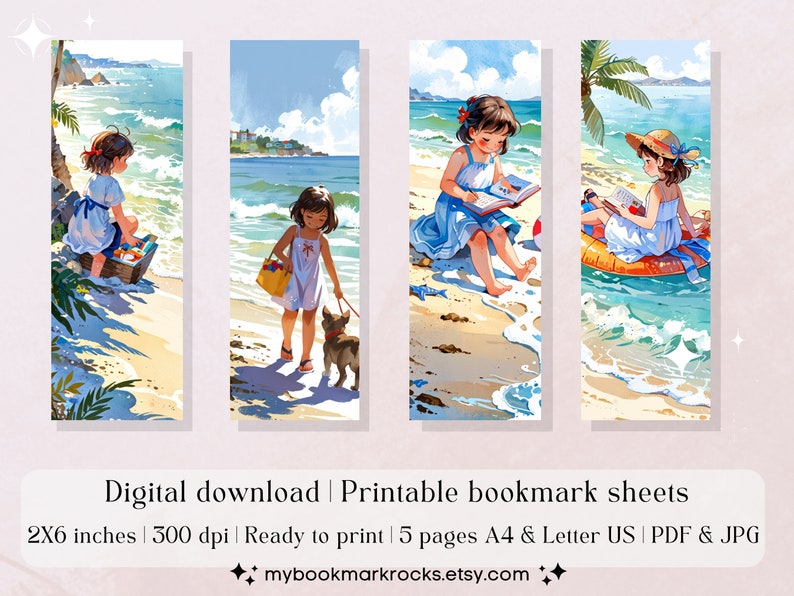 Set of 20 Watercolor summer Beach Printable Bookmarks, High-quality PDF ...