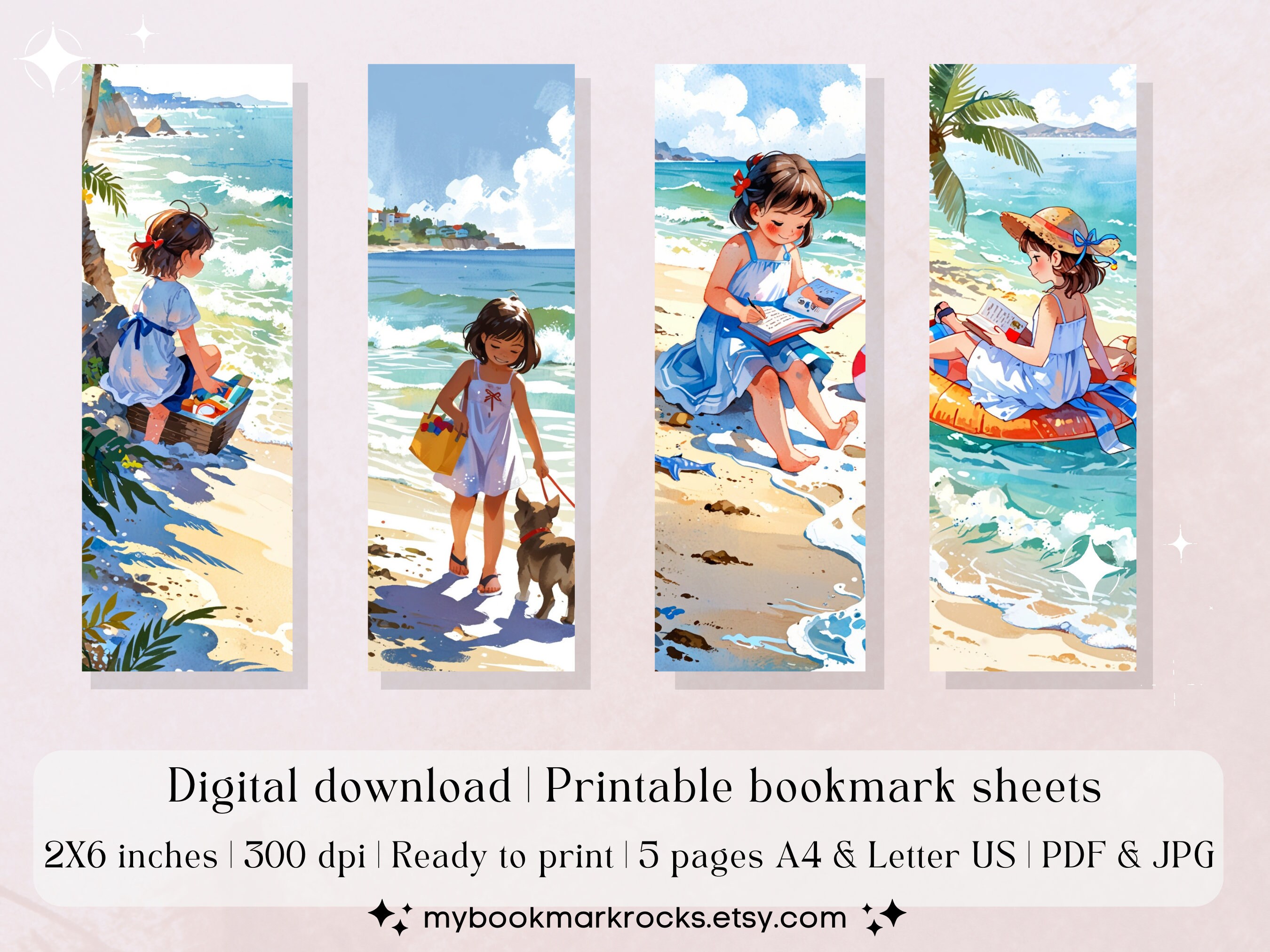 Set of 20 Watercolor "summer Beach" Printable Bookmarks, High-quality ...