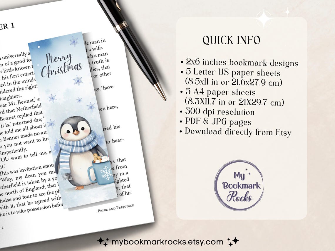Set of 20 Watercolor "cute Penguin" Printable Bookmarks, Christmas ...