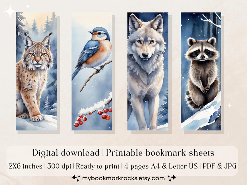 Set of 16 Watercolor "winter Animals" Printable Bookmarks, High-quality ...