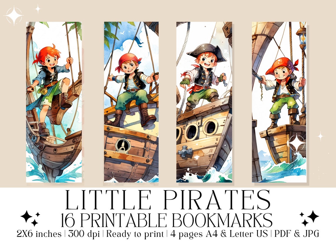 Set of 16 little Pirates Printable Bookmarks, High-quality PDF & JPG ...