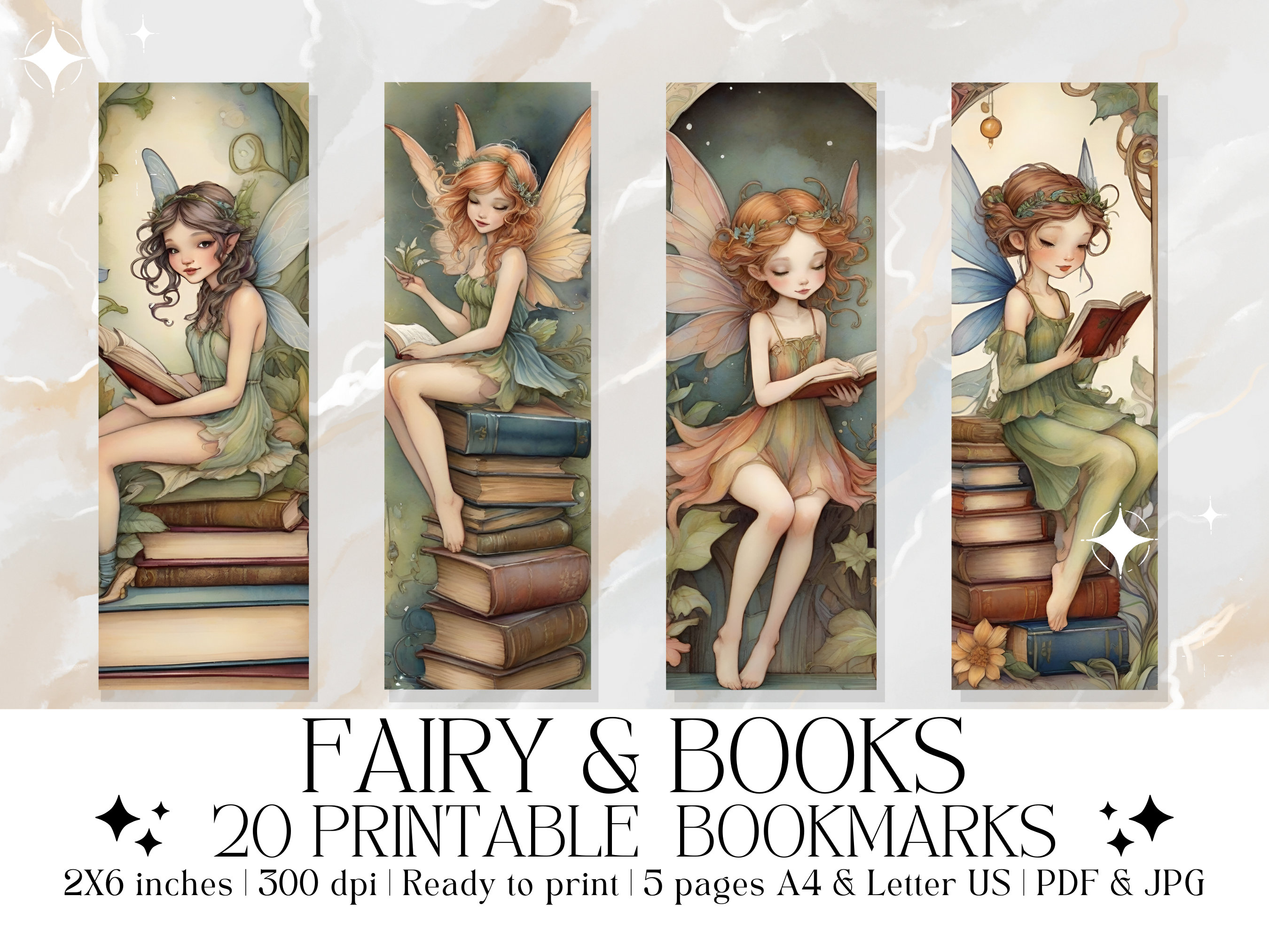 Set of 20 fairy & Books Printable Bookmarks Art Nouveau High-quality ...