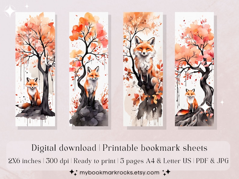 Set of 20 Watercolor "fox in Autumn" Printable Bookmarks, Fall ...