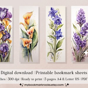 Set of 20 Watercolor "flowers" Printable Bookmarks, Botanical Bookmarks ...