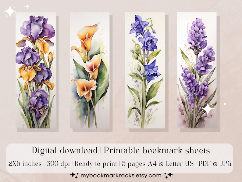 Set of 20 Watercolor "flowers" Printable Bookmarks, Botanical Bookmarks | Instant Digital ...