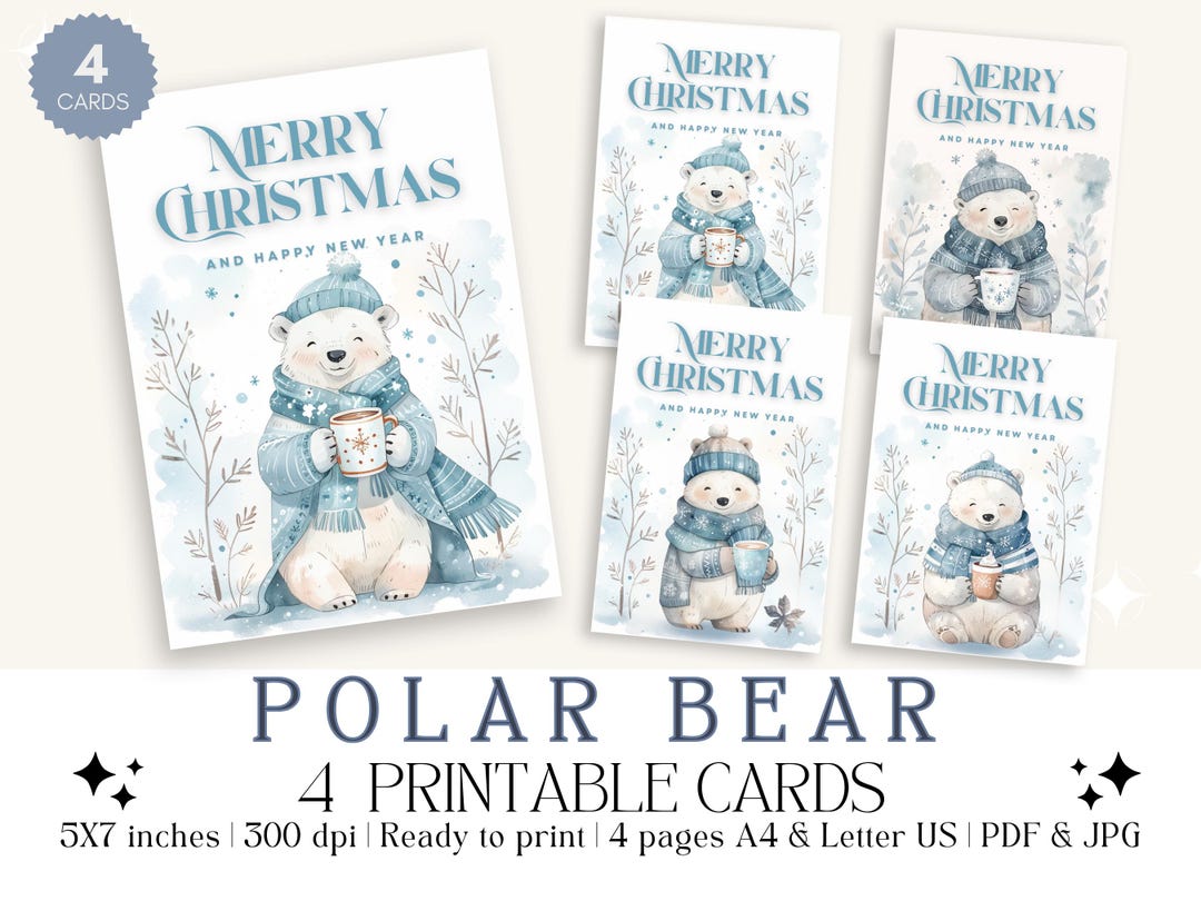 Set of 4 Watercolor "polar Bear" Printable Cards, Christmas Cards ...