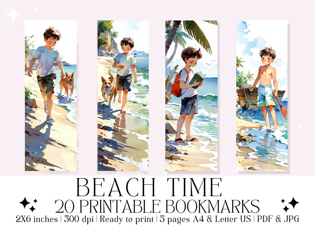 Set of 20 Watercolor "beach Time" Printable Bookmarks, High-quality PDF ...