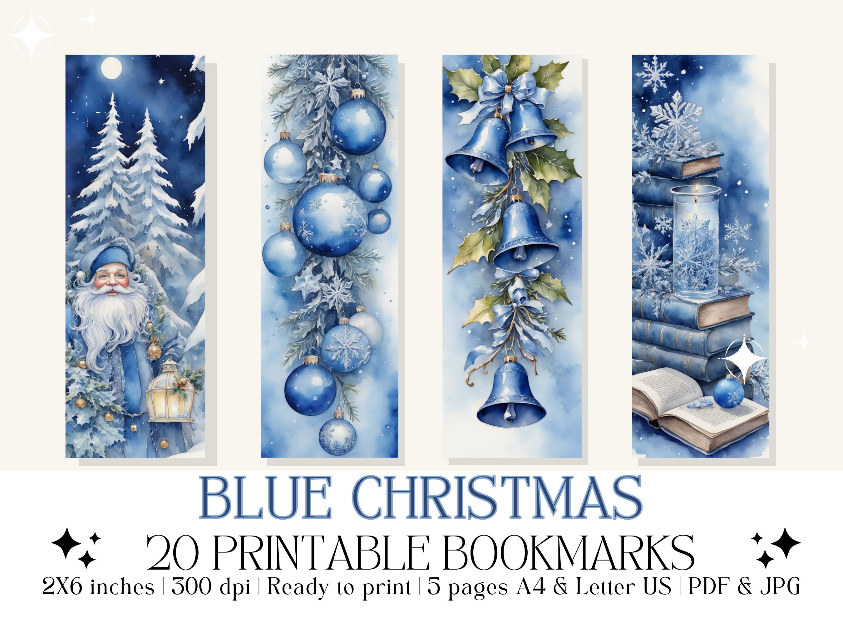 Set of 20 Watercolor "blue Christmas" Printable Bookmarks, Christmas ...