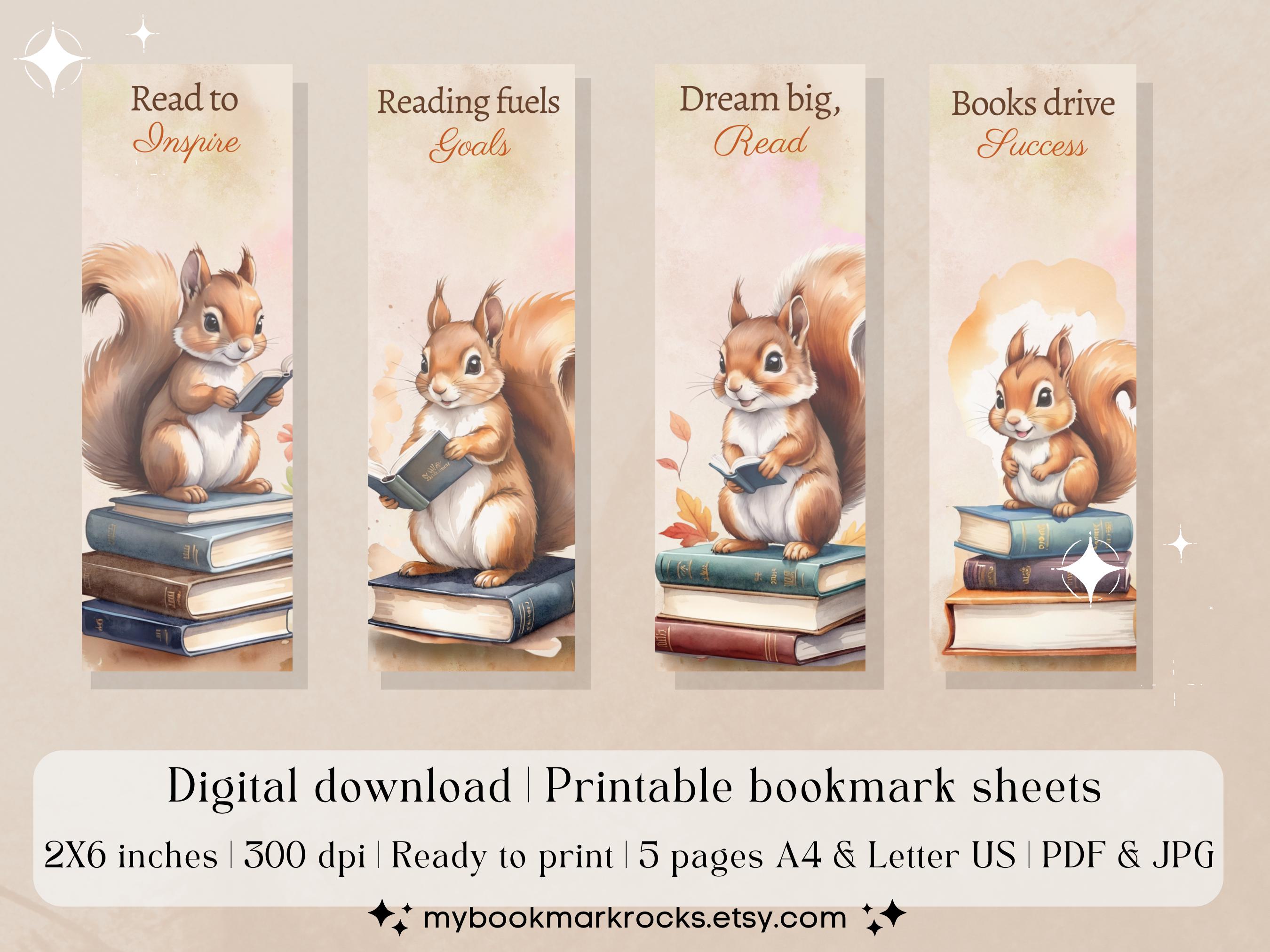 Set of 20 Watercolor "squirrel & Books" Printable Bookmarks, Animal ...