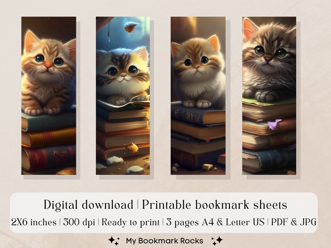 Set of 12 Cute Cat and Books Printable Bookmarks Adorable Kitten ...