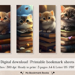 Set of 12 "cute Cat and Books" Printable Bookmarks, Reading Designs ...