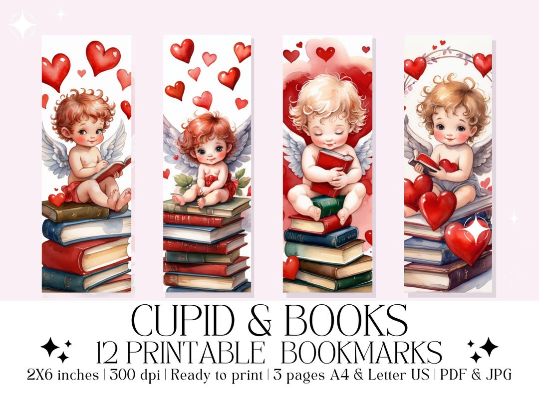 Set of 12 Watercolor "cupid & Books" Printable Bookmarks, Valentine ...