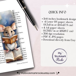 Set of 16 Watercolor "cute Mouse & Books" Printable Bookmarks, Animal ...