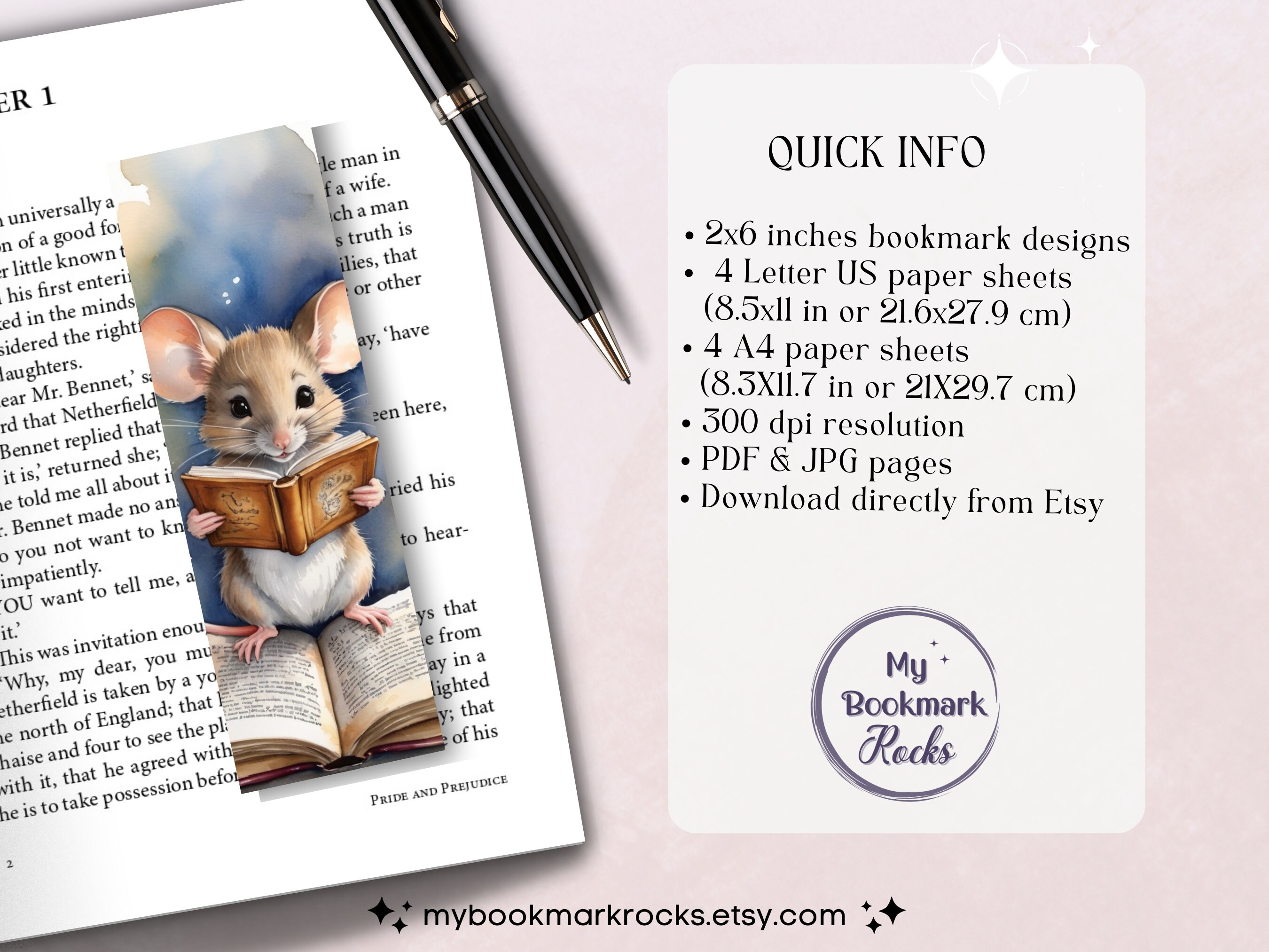 Set of 16 Watercolor "cute Mouse & Books" Printable Bookmarks, Animal ...