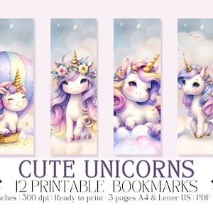 Set of 12 Pastel "cute Unicorns" Printable Bookmarks, Unicorn Designs ...