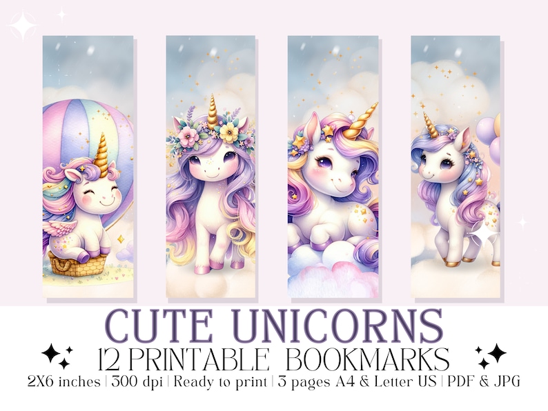 Set of 12 Pastel "cute Unicorns" Printable Bookmarks, Unicorn Designs ...