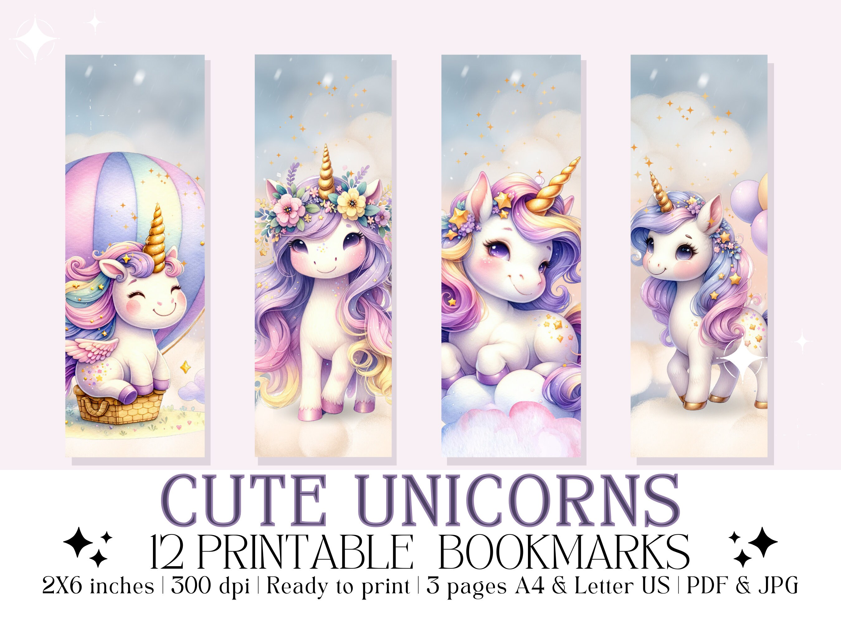 Set of 12 Pastel "cute Unicorns" Printable Bookmarks, Unicorn Designs ...