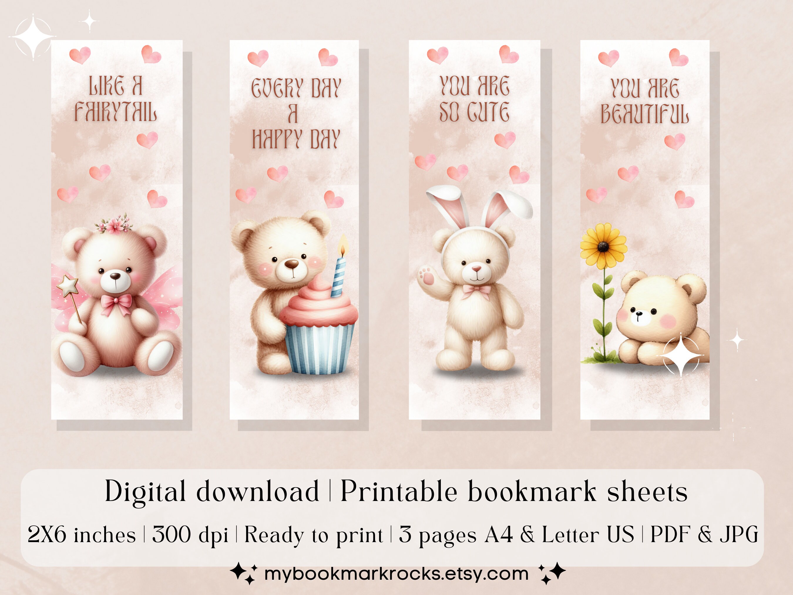 Set of 12 Watercolor "cute Bear" Printable Bookmarks, Bookmarks for ...