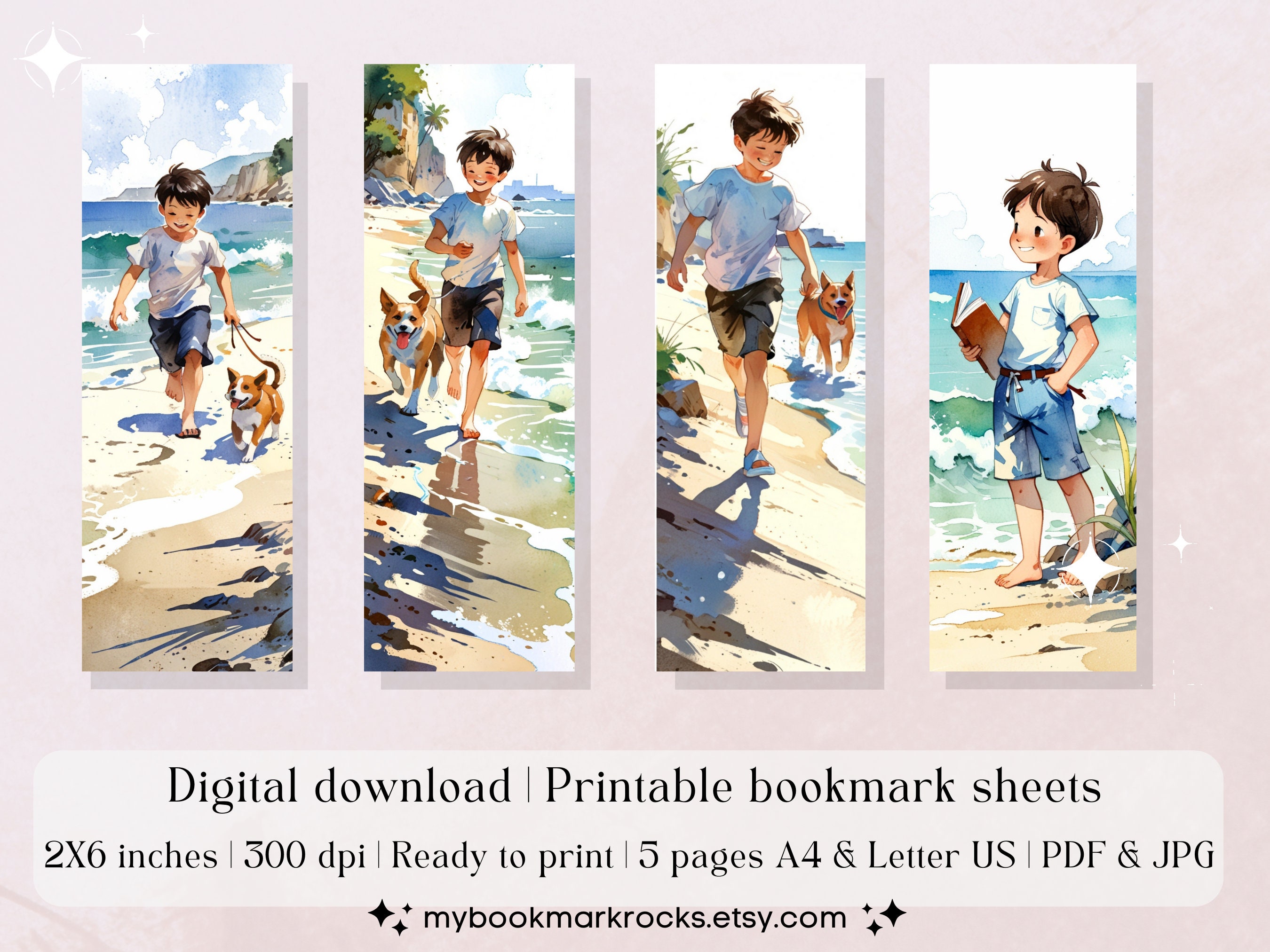Set of 20 Watercolor beach Time Printable Bookmarks, High-quality PDF ...